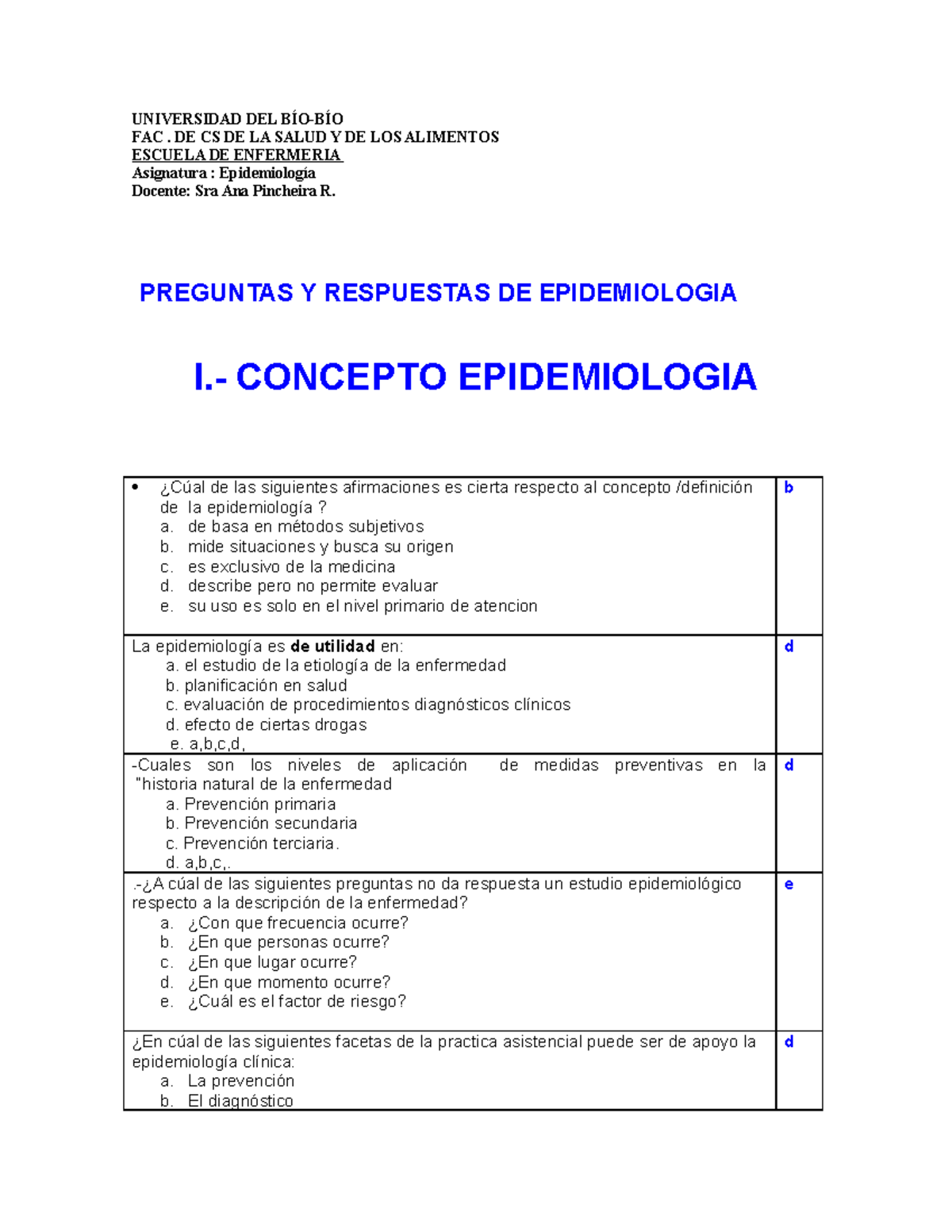 Preguntas Y Respuestas DE Epidemiologia 2 - UNIVERSIDAD DEL FAC . DE CS DE LA SALUD Y DE LOS ...