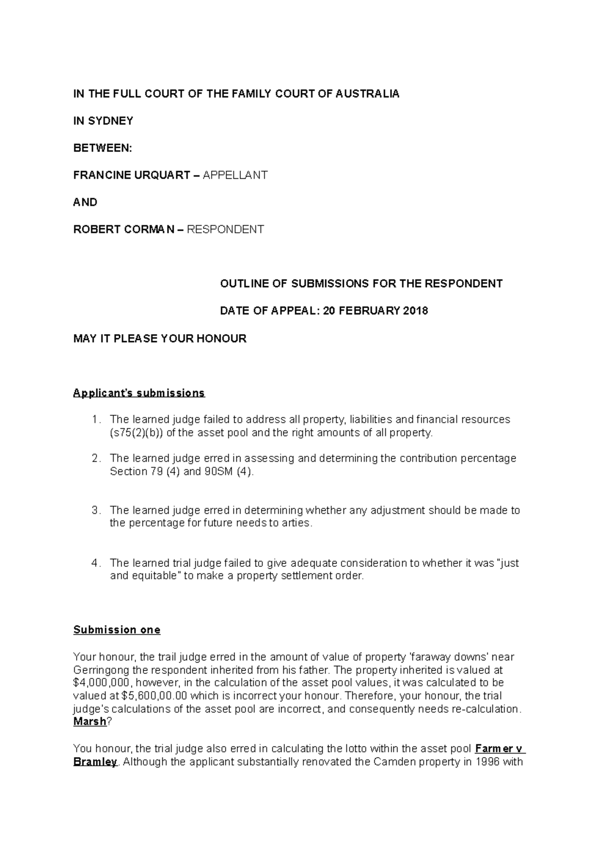 Exam July 2018, answers - IN THE FULL COURT OF THE FAMILY COURT OF ...