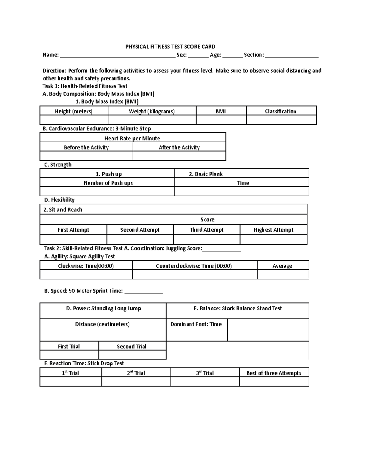 PHYSICAL FITNESS TEST - Make sure to observe social distancing and ...
