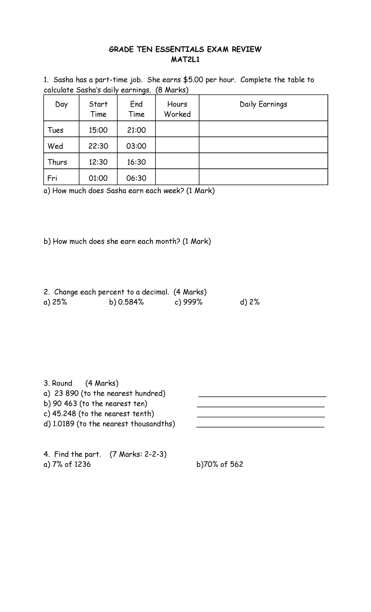 Sample/practice exam - GRADE TEN ESSENTIALS EXAM REVIEW MAT2L Sasha has ...