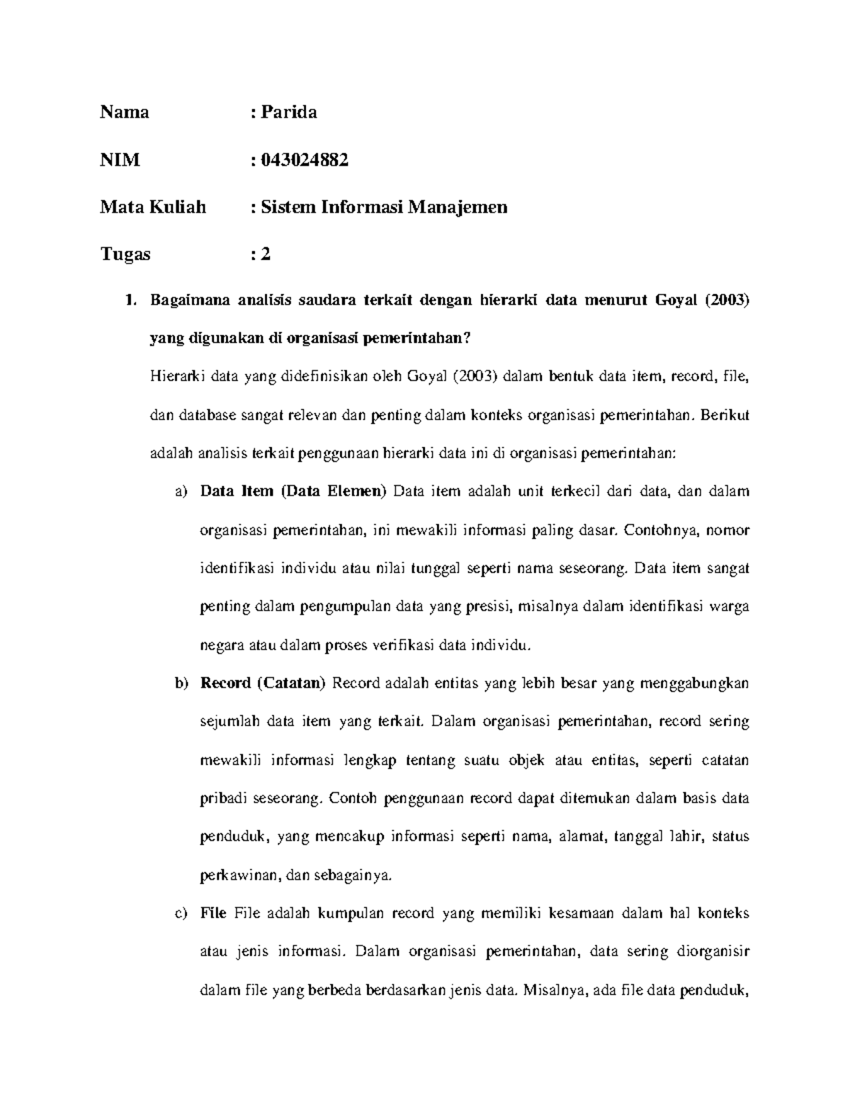 Tugas 2.docx pdf - Sistem Informasi Manajemen - Nama : Parida NIM : 043024882 Mata Kuliah ...