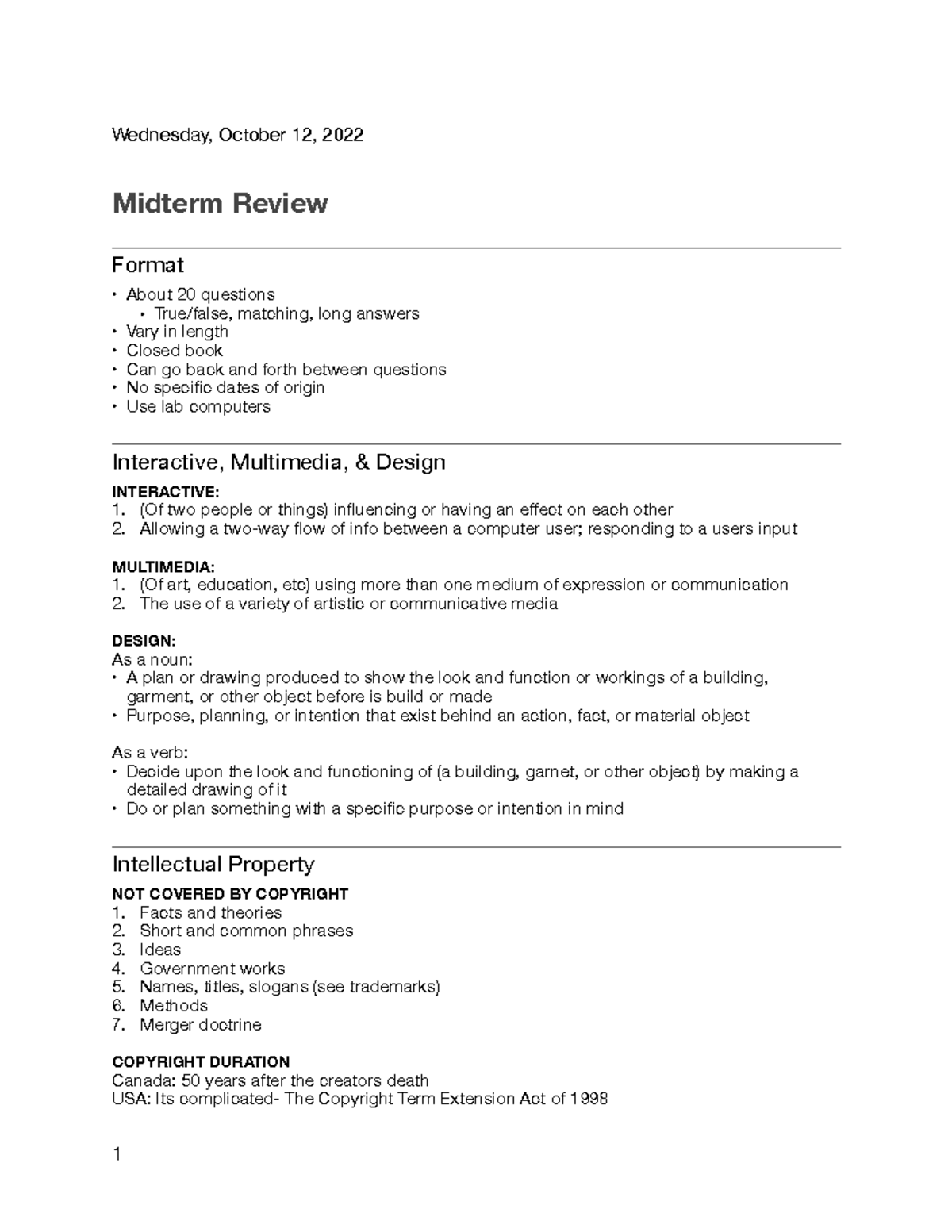 IMD 1000- Midterm Review - Wednesday, October 12, 2022 Midterm Review ...