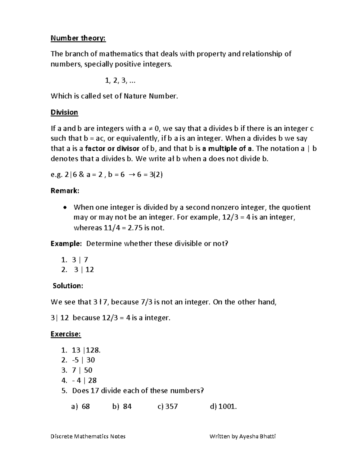 Disceret Math Fianl Term Notes 11-2 - Number theory: The branch of ...
