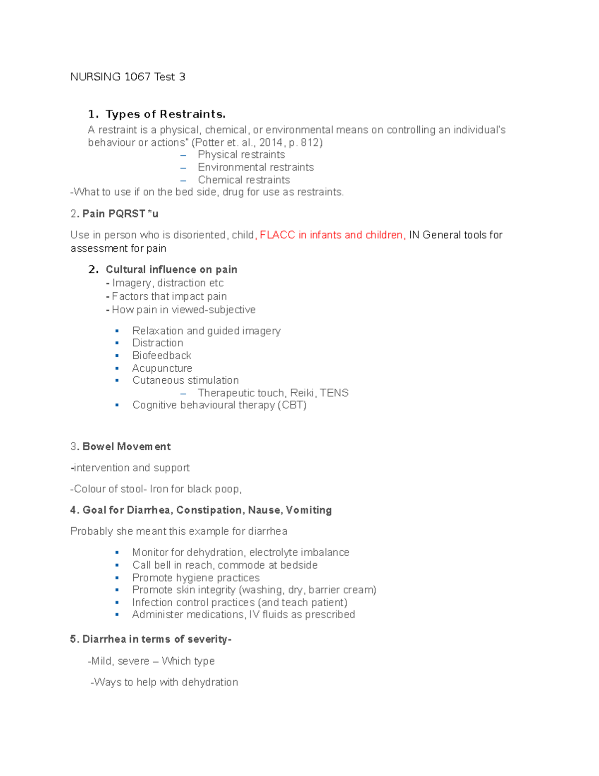 1067 lecture notes - NURSING 1067 Test 3 1. Types of Restraints. A ...