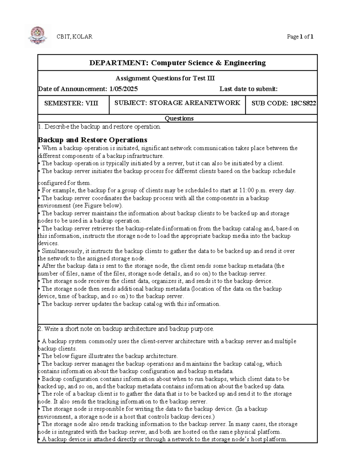 SAN- Assign 3[2024] Answers - CBIT, KOLAR Page 1 of 1 DEPARTMENT: Computer Science & Engineering ...