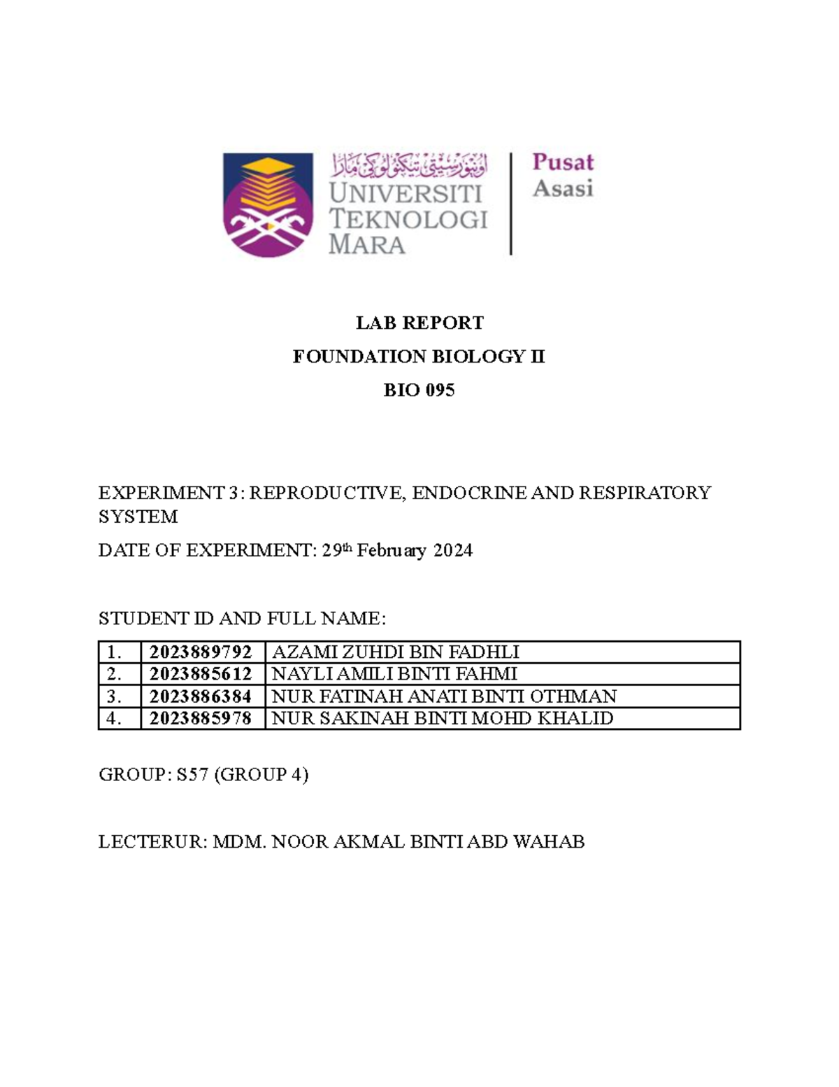 LAB REPORT EXP 3 REPRODUCTIVE ENDOCRINE & RESPIRATORY SYSTEM - LAB ...