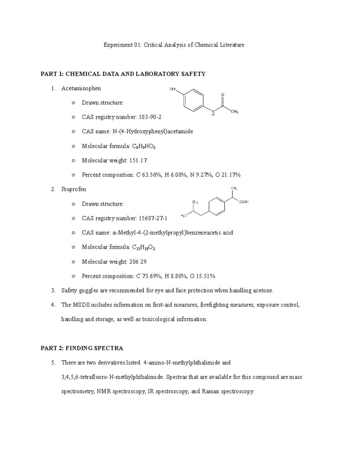 Experiment 01 Lab - Experiment 01: Critical Analysis of Chemical ...