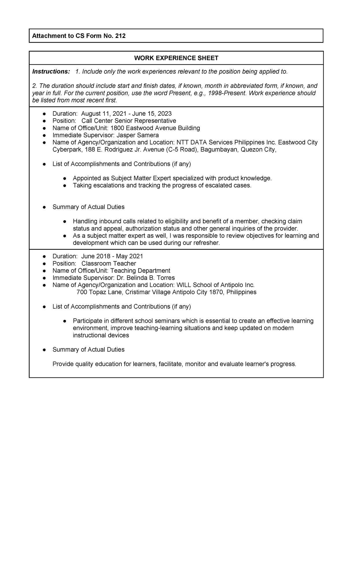 WORK Experience Sheet - Attachment to CS Form No. 212 WORK EXPERIENCE ...