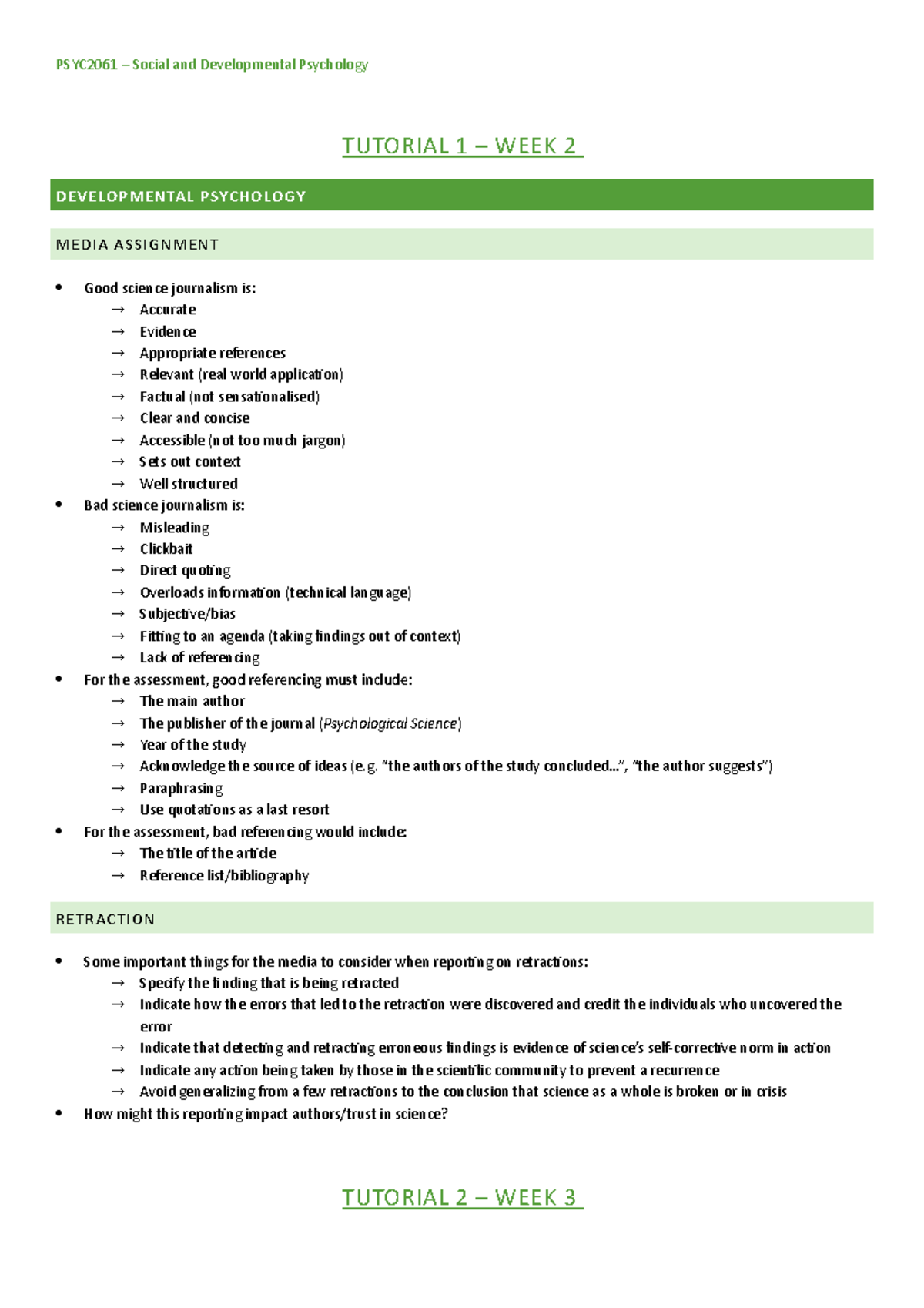PSYC2061 Tutorial Notes - PSYC2061 – Social and Developmental ...
