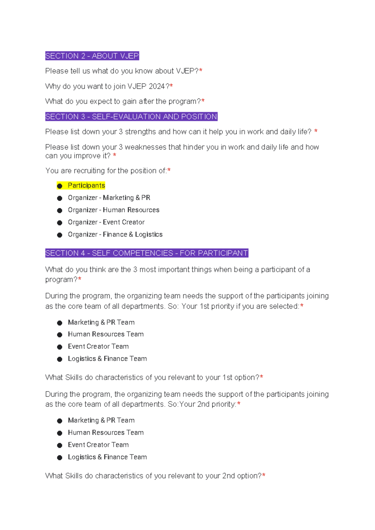 Application FORM - Question - SECTION 2 - ABOUT VJEP Please tell us ...