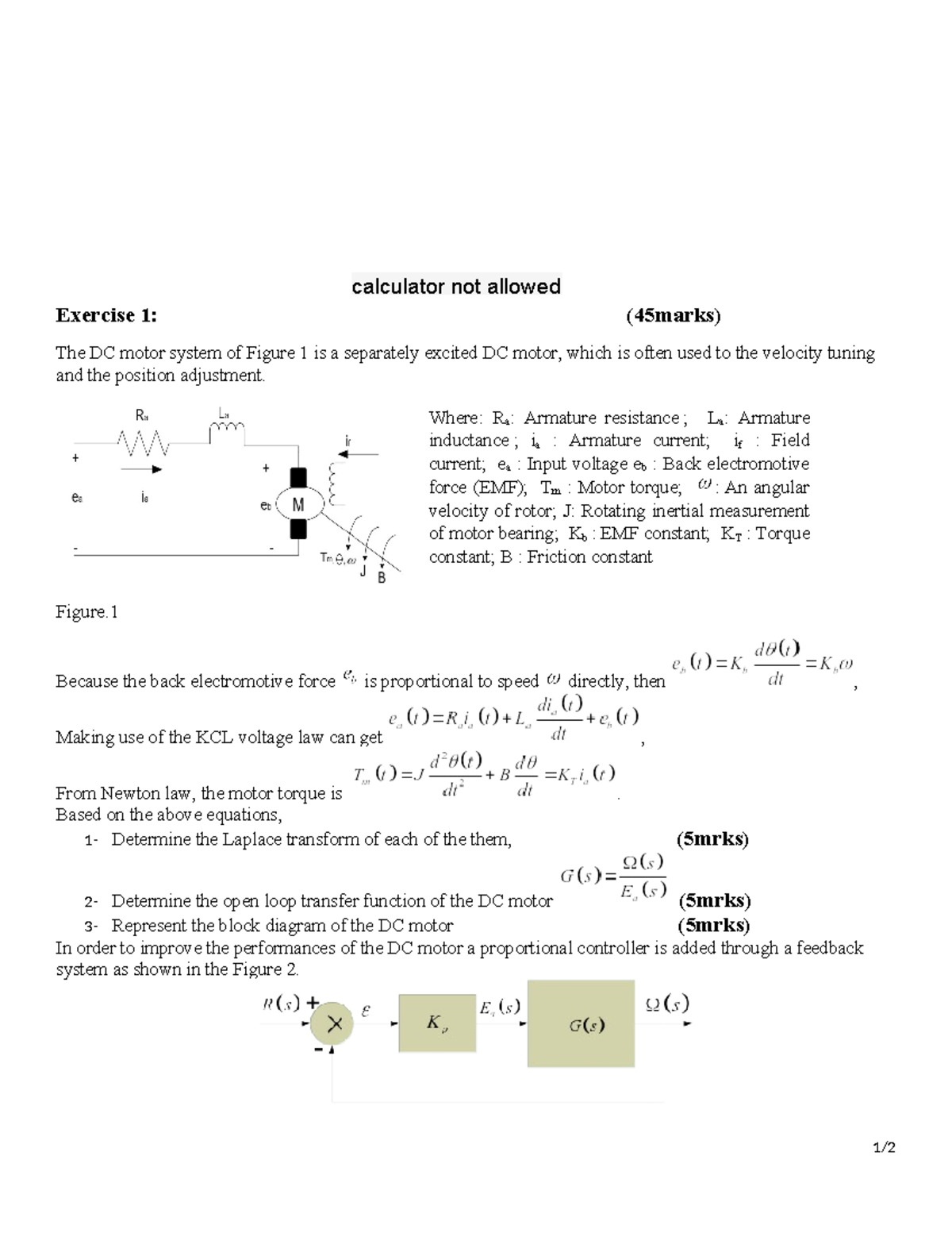 EEC415 Exams - control engineering - Exercise 1: (45marks) The DC motor ...