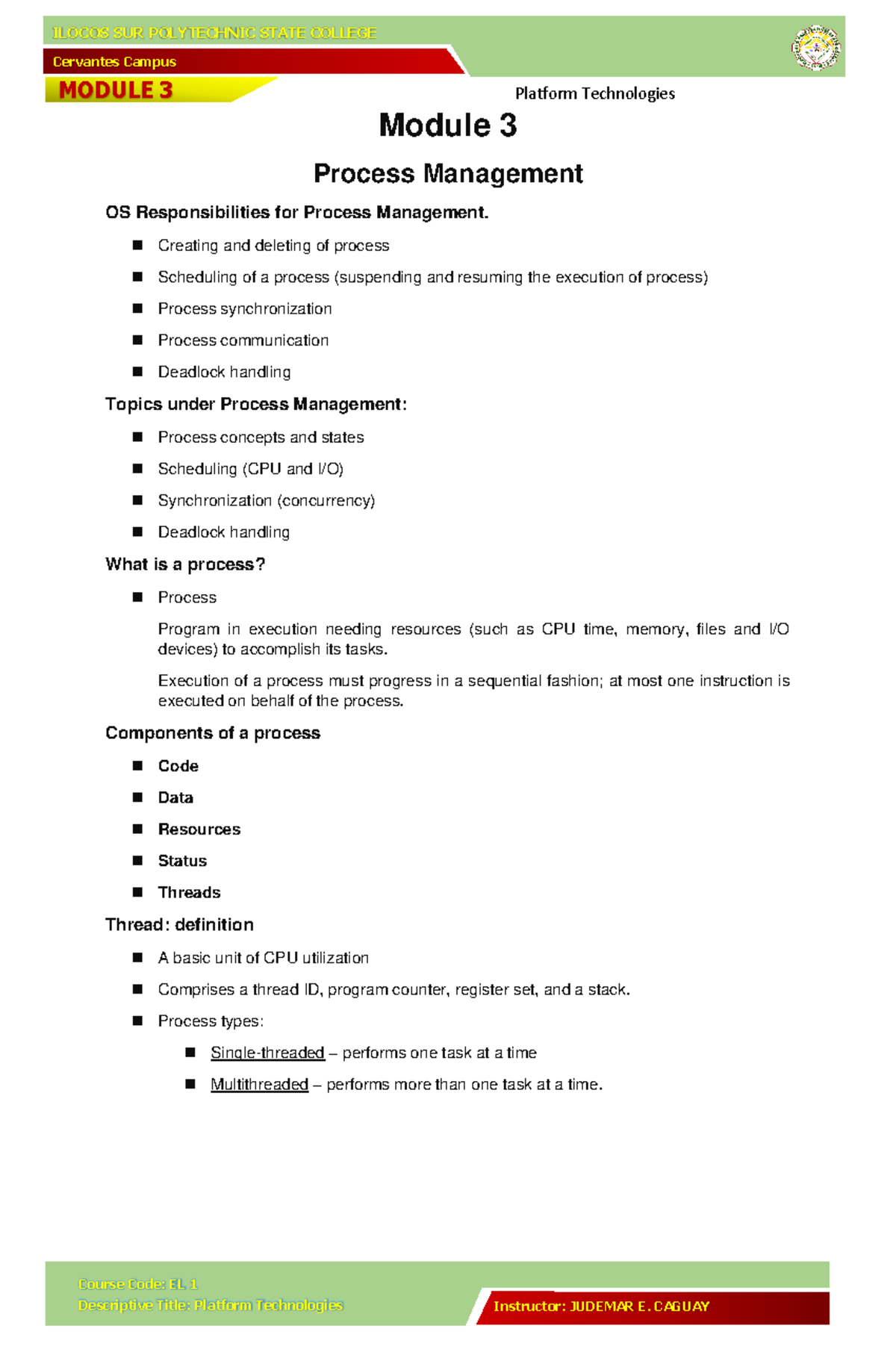 Process management(platform technologies) - Cervantes Campus MODULE 3 ...
