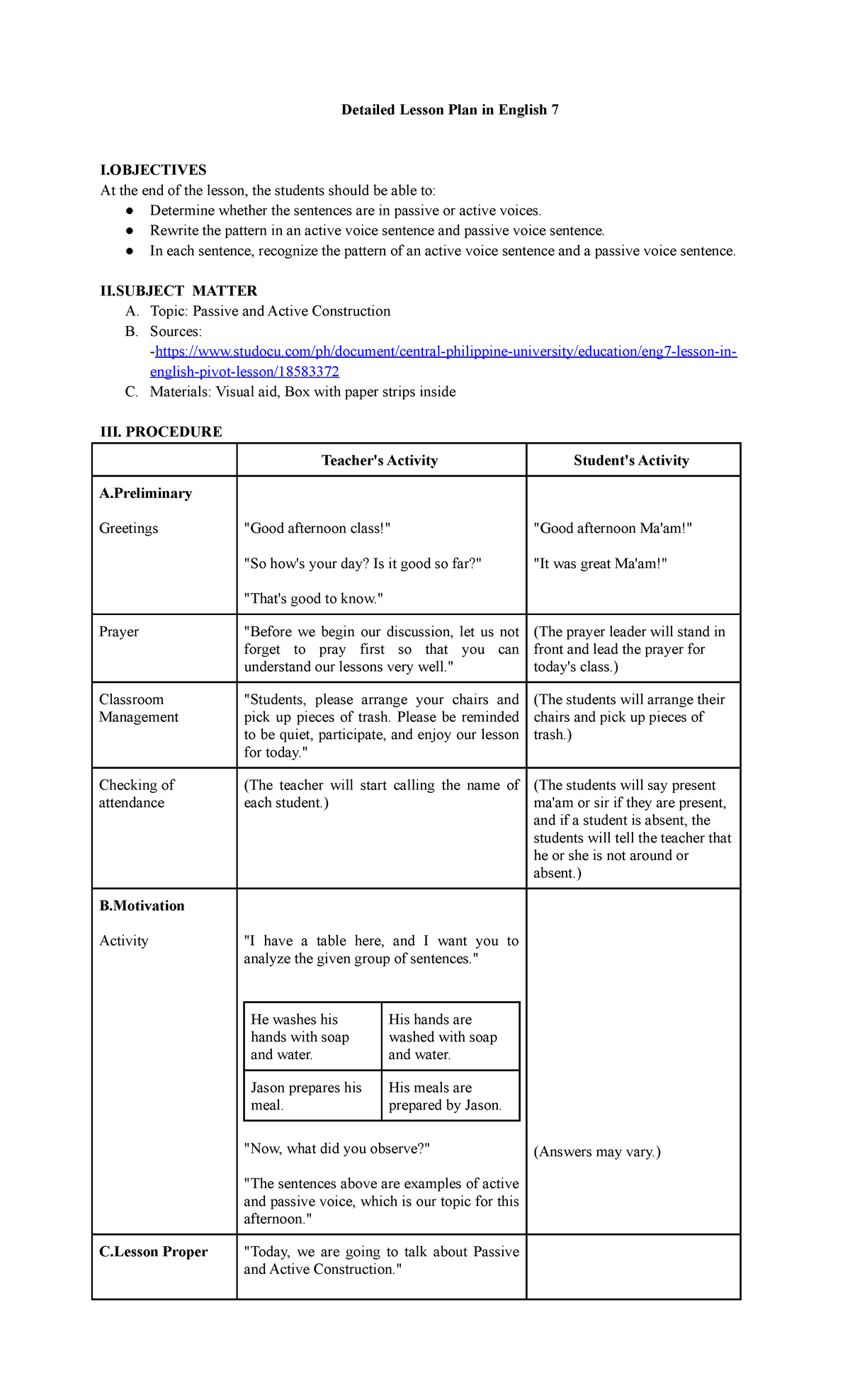 Passive and Active Construction - Detailed Lesson Plan in English 7 I ...
