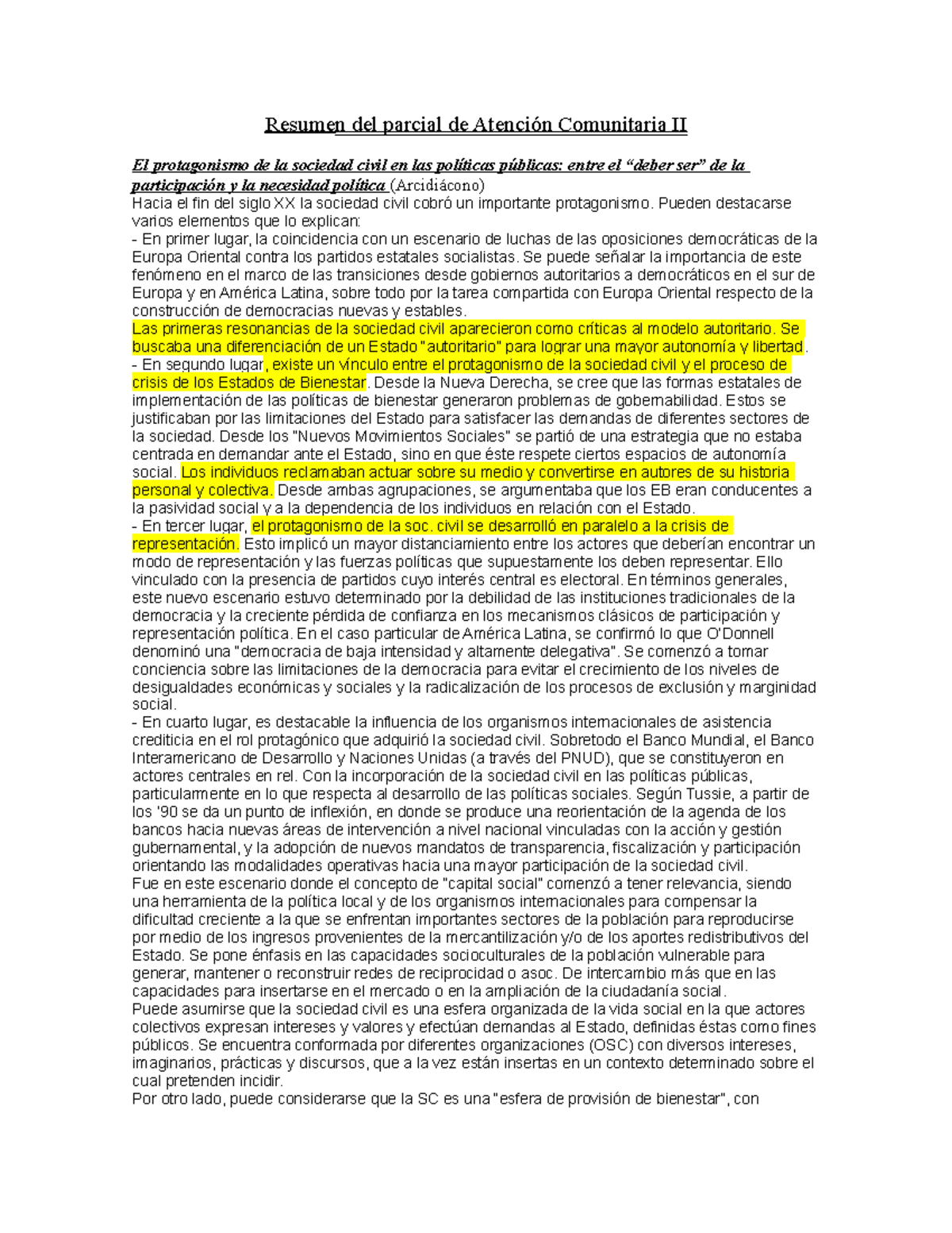 Resumen Arcidiacono y Rofman - Resumen del parcial de Atención Comunitaria II El protagonismo de ...