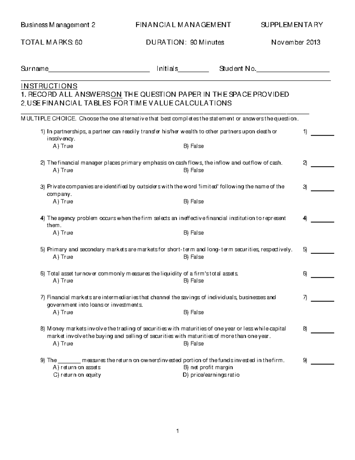 Fin Supplementary Test Nov 2013 - Business Management 2 FINANCIAL ...