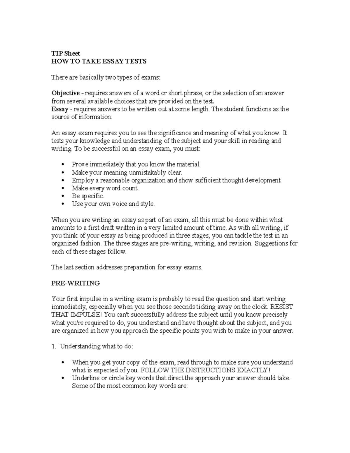 Test - test test test test - TIP Sheet HOW TO TAKE ESSAY TESTS There ...