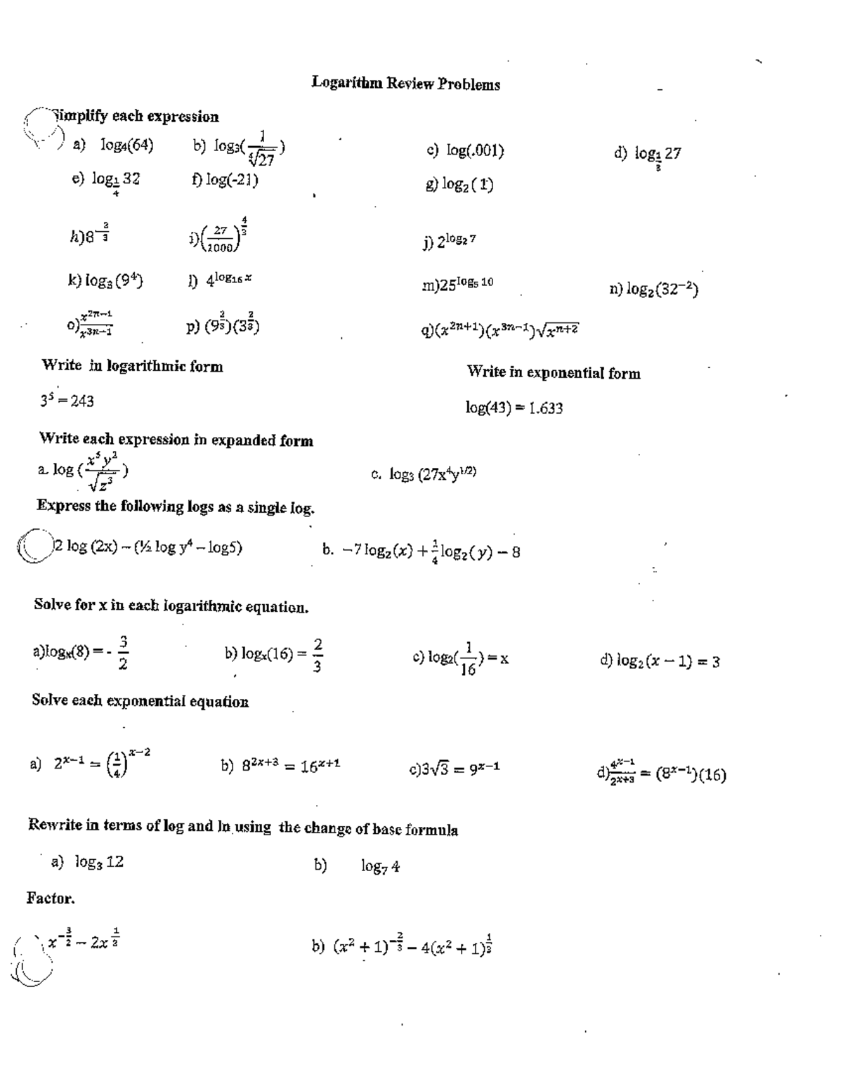 Logarithm Review Problems (1) - 110 - Studocu