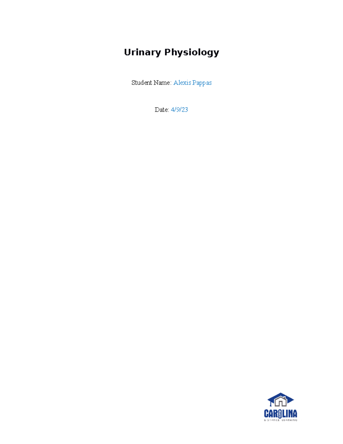 Lab 9 Urinary Physiology Student Blank - Urinary Physiology Student Name: Alexis Pappas Date: 4 ...