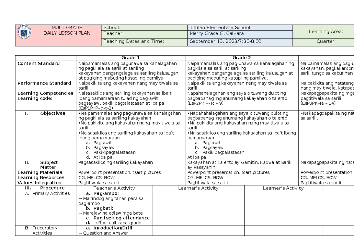 Lesson Plan for 1st quarter 2023-2024 (COT)-Calvara - MULTIGRADE DAILY ...