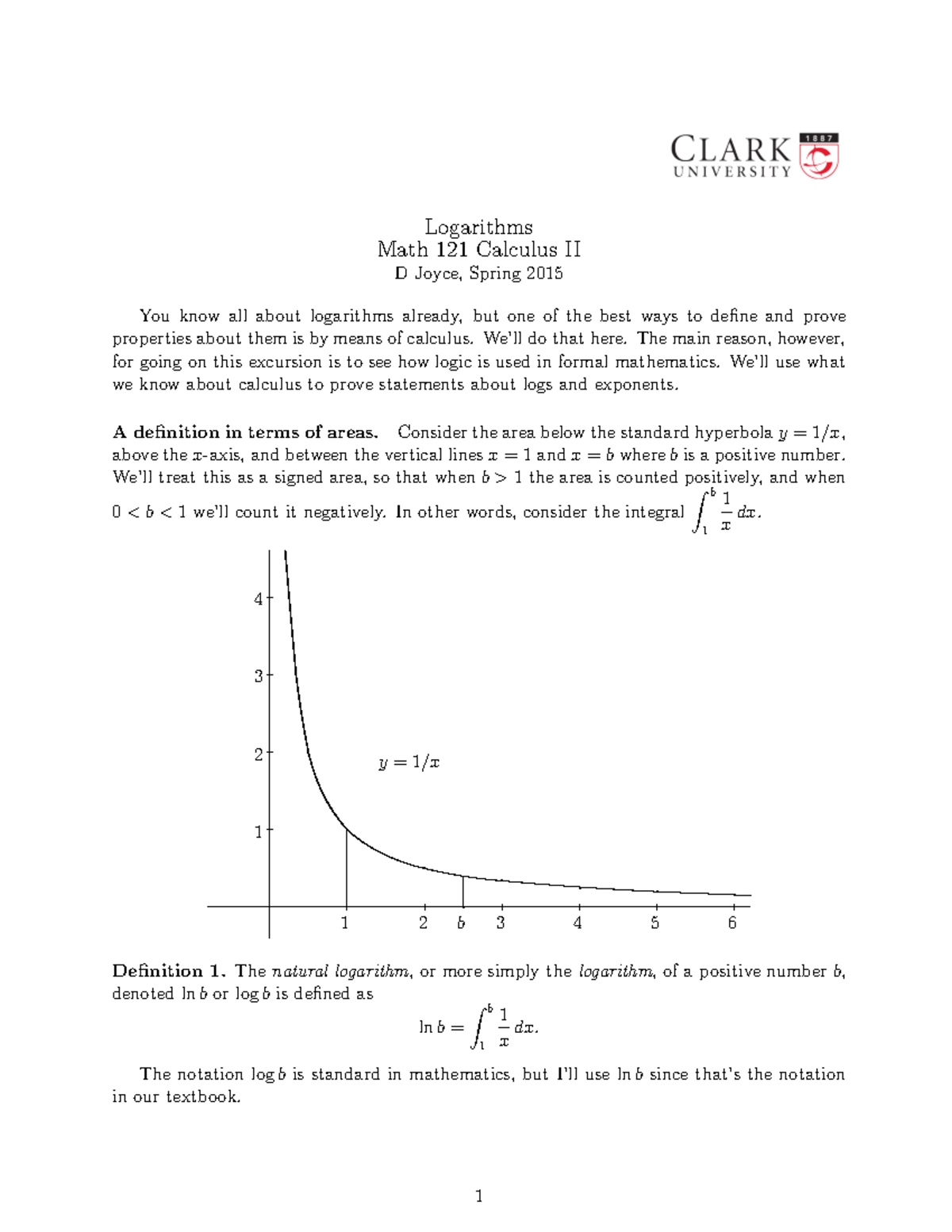 Logs for calculus - Logarithms Math 121 Calculus II D Joyce, Spring ...