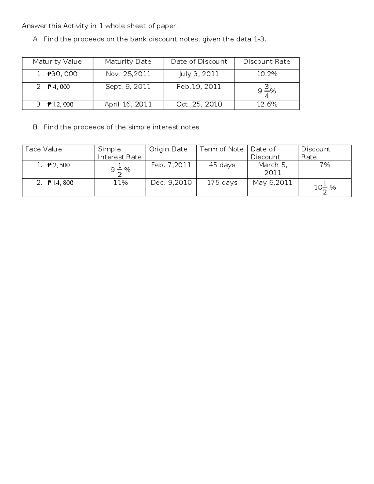 Activity for Mathematics of Investment - Answer this Activity in 1 whole sheet of paper. A. Find ...
