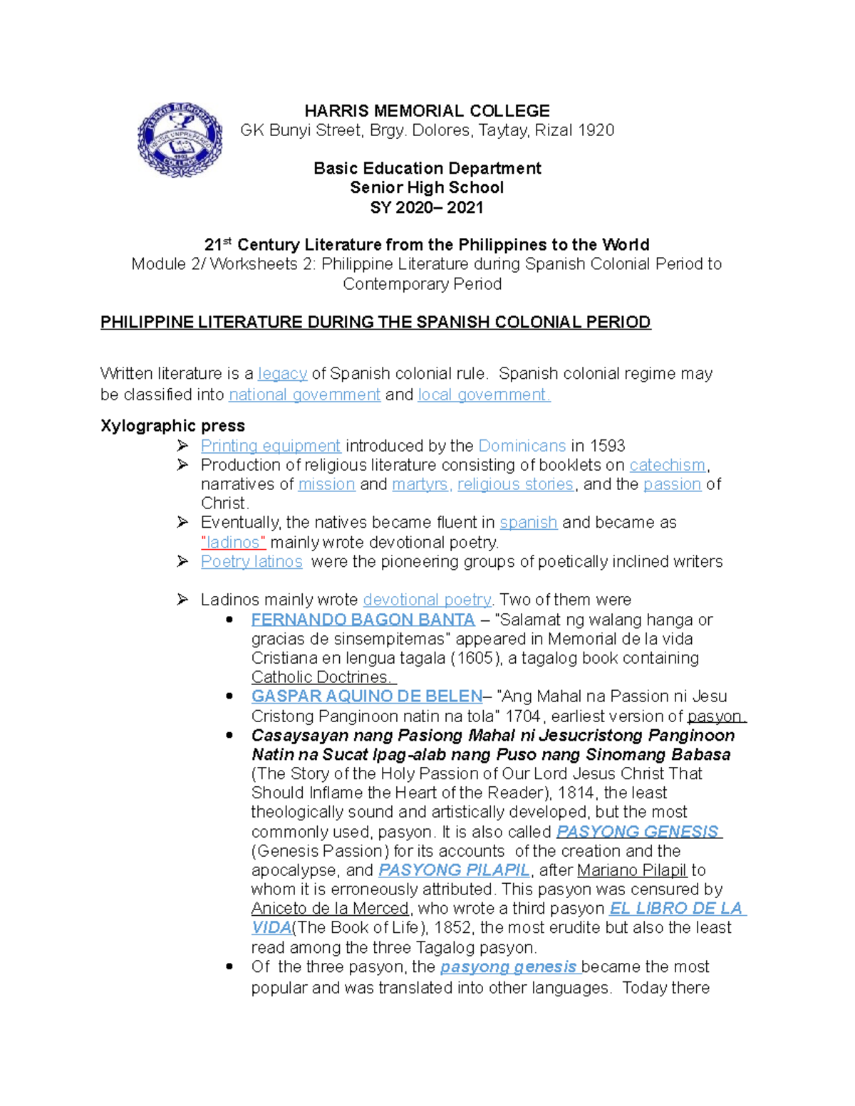 Spanish Regime to American Colonization Worksheet - HARRIS MEMORIAL ...