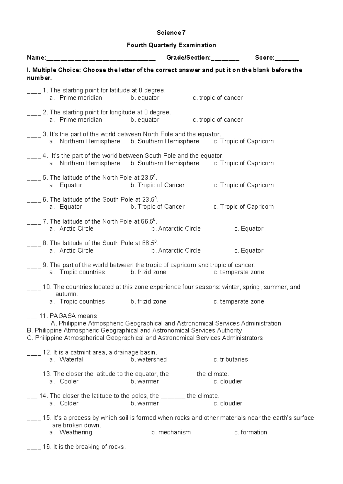 Science 7 4th quarter - Science 7 Fourth Quarterly Examination Name
