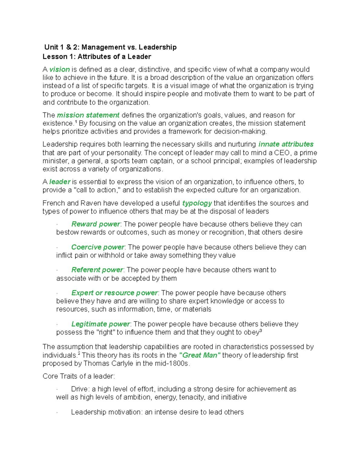 Lesson Terms and Summaries D073 - Unit 1 & 2: Management vs. Leadership ...