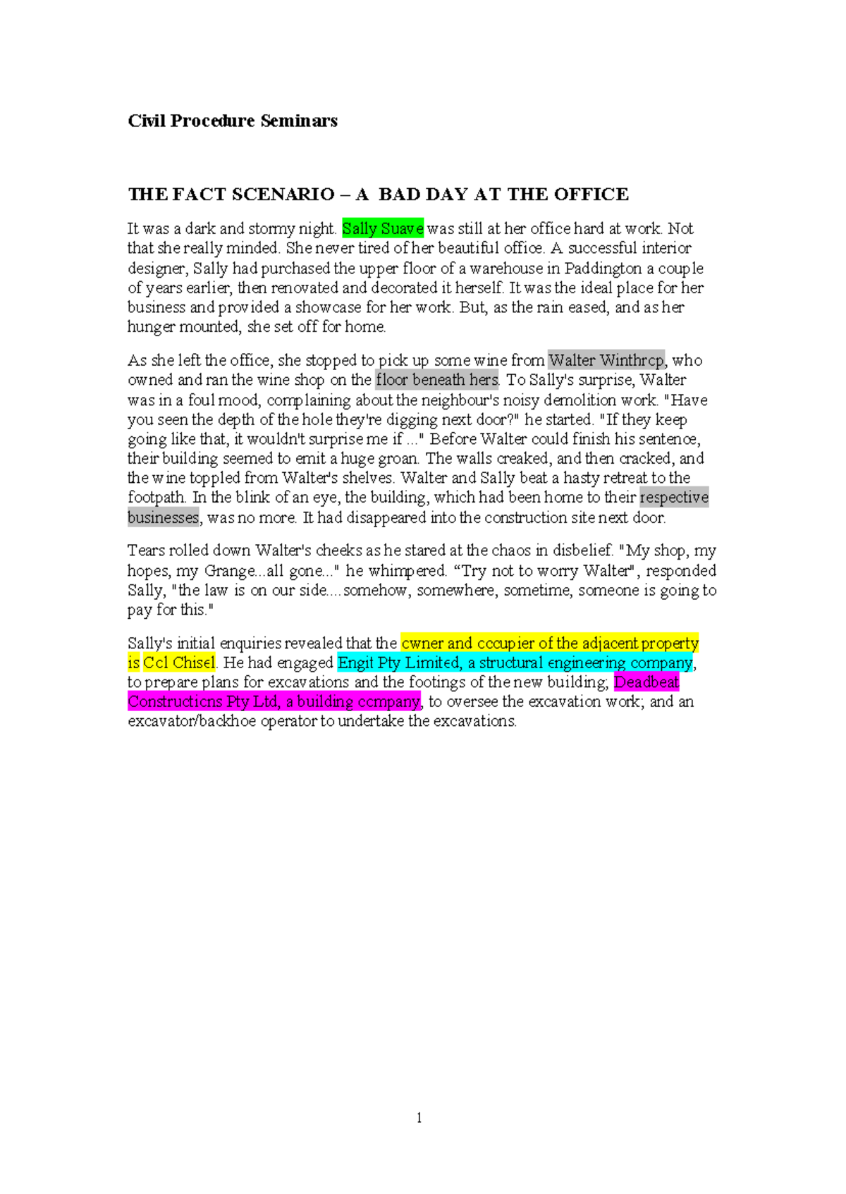 Civil Procedure Scenario - 1 Civil Procedure Seminars THE FACT SCENARIO ...