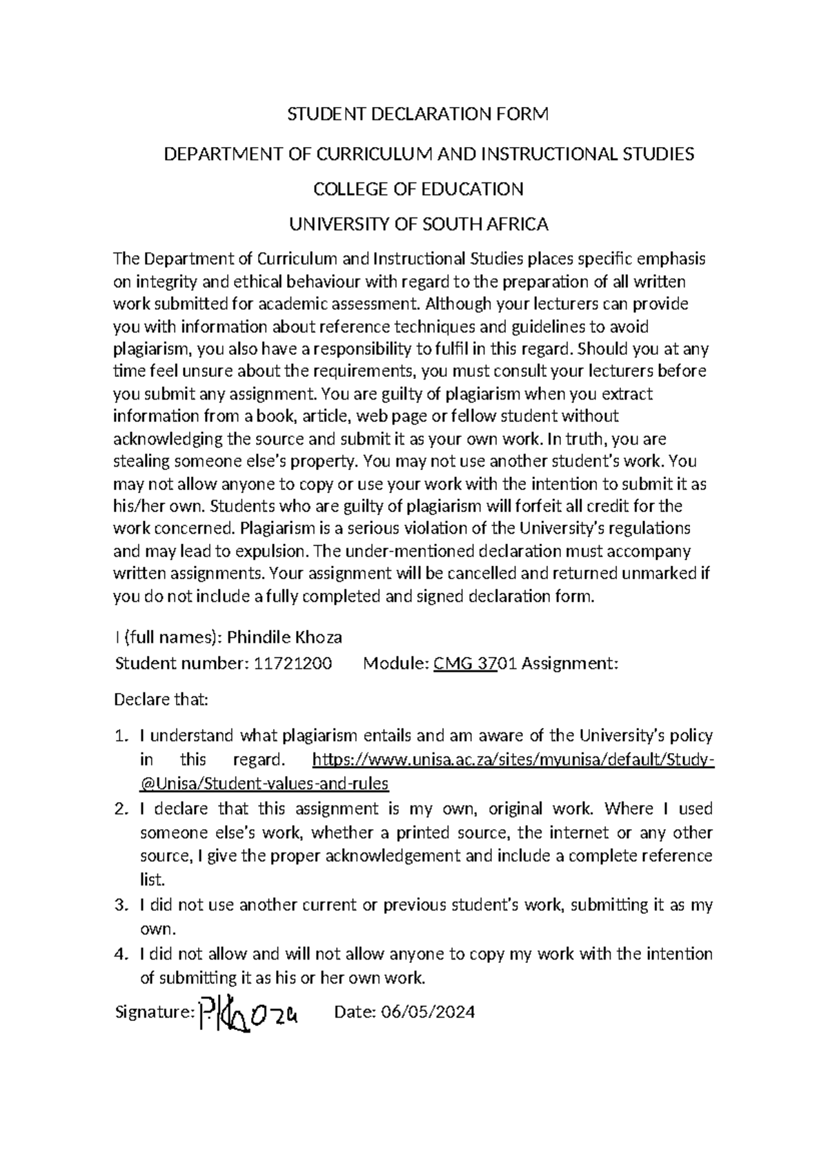 CMG 2 declaration - CMG DECLERATION - STUDENT DECLARATION FORM ...