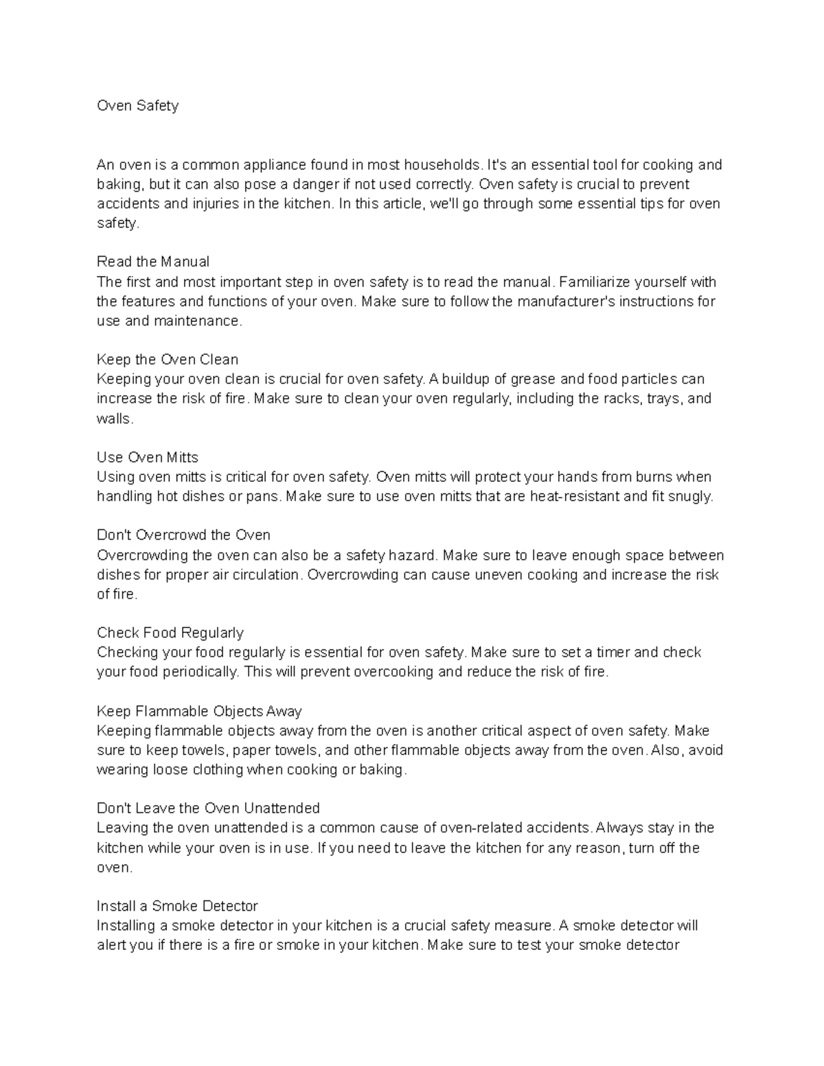 Untitled document - Safety - Oven Safety An oven is a common appliance ...