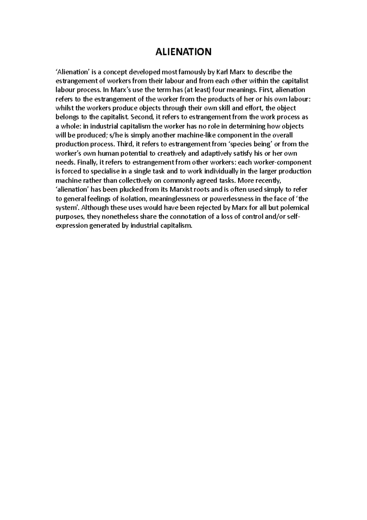 Alienation - Key Concept - ALIENATION ‘Alienation’ is a concept ...