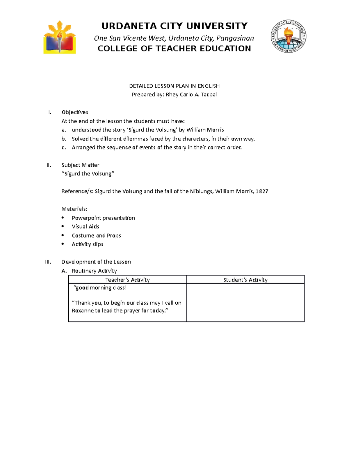 Detailed Lesson PLAN IN English - URDANETA CITY UNIVERSITY One San ...