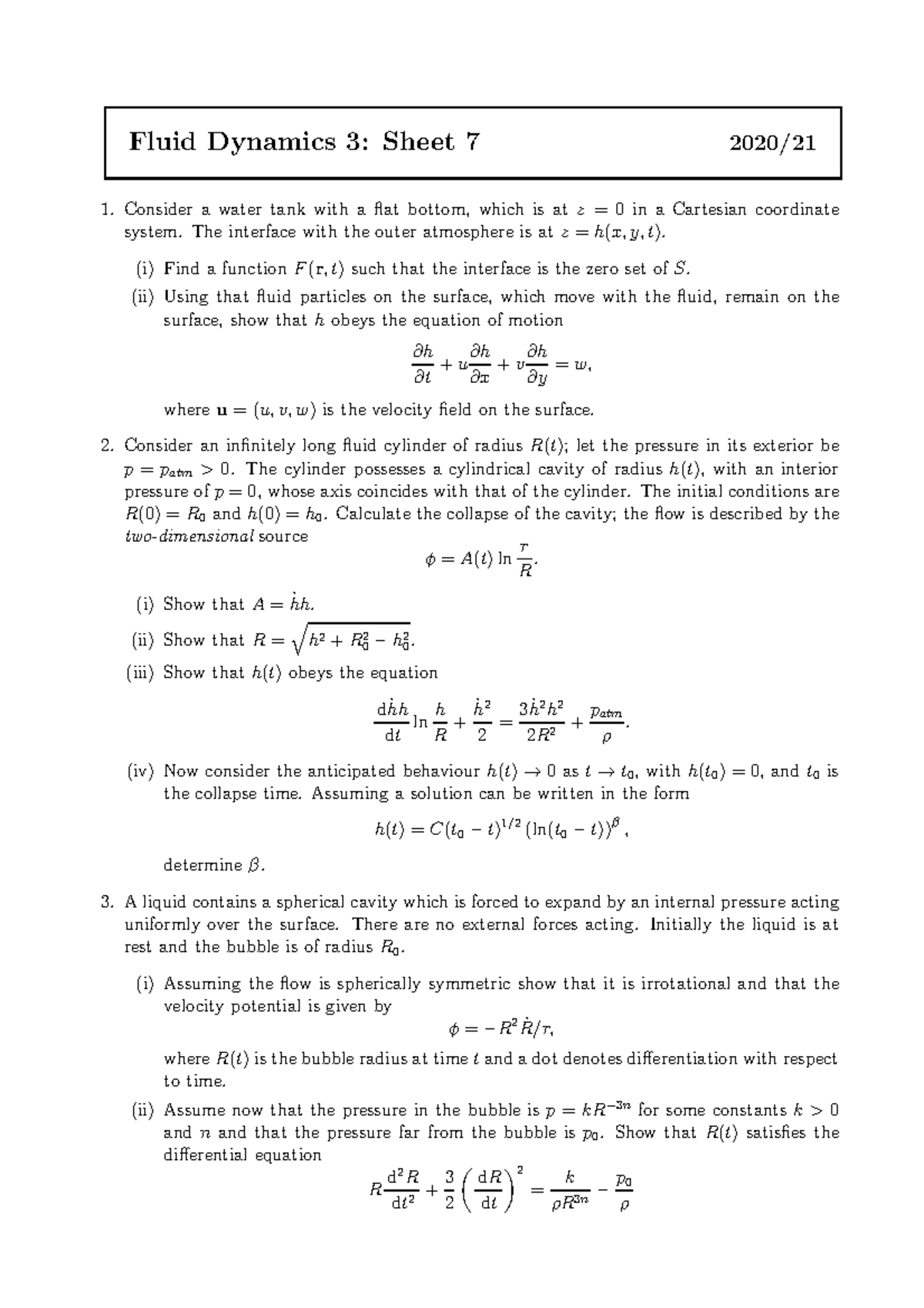Fluid Dynamics worksheet 7 - Fluid Dynamics 3: Sheet 7 2020/ Consider a ...