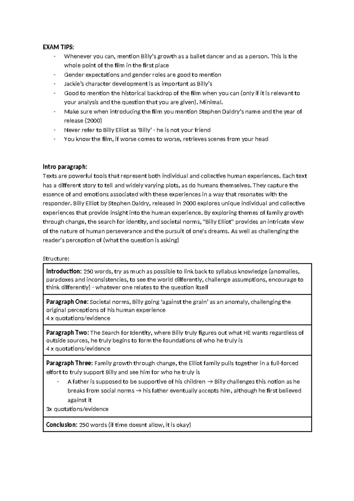 Billy Elliot notes - EXAM TIPS: Whenever you can, mention Billy’s ...