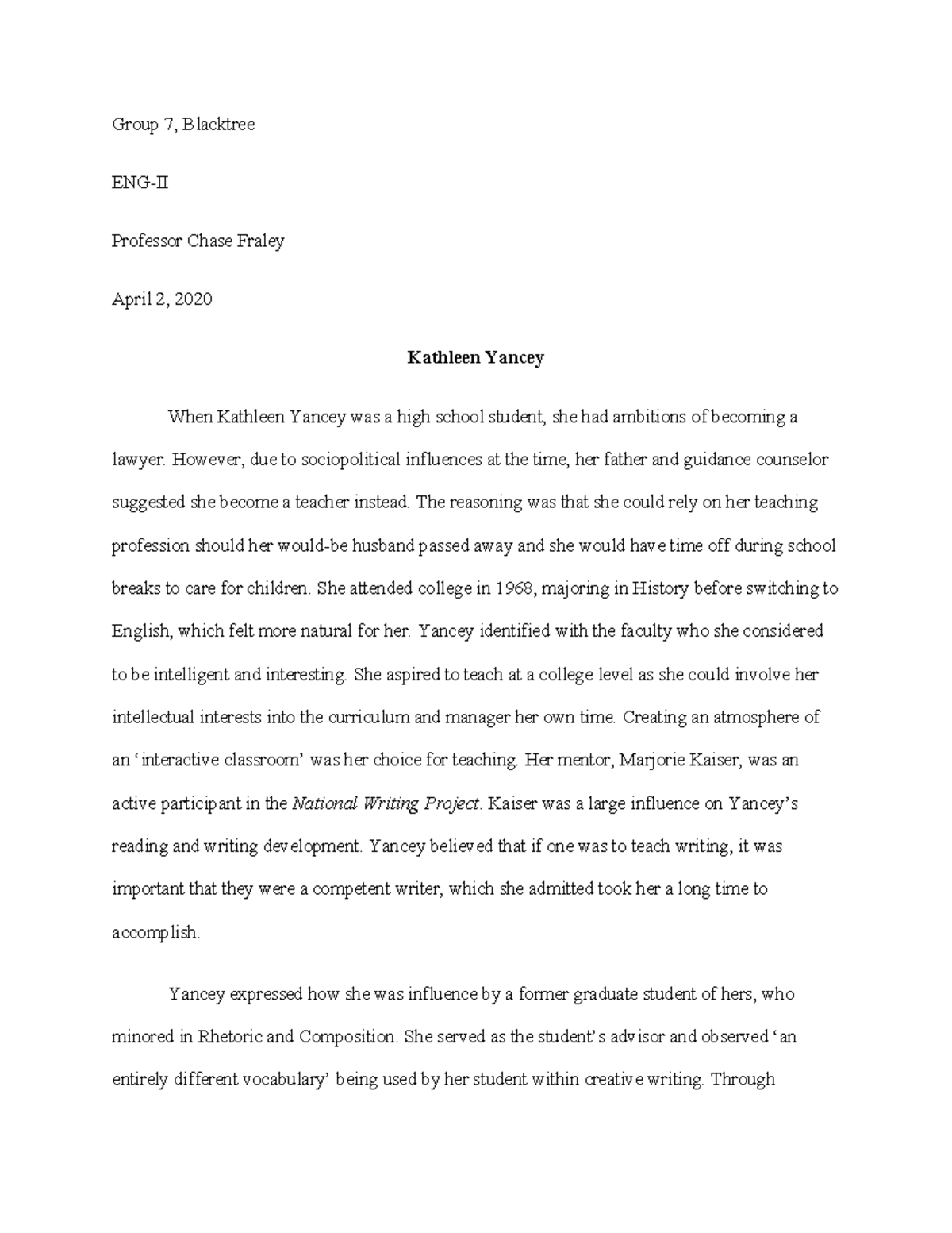 CSU ENG 1102 Genre Analysis of an Interview - Group 7, Blacktree ENG-II ...