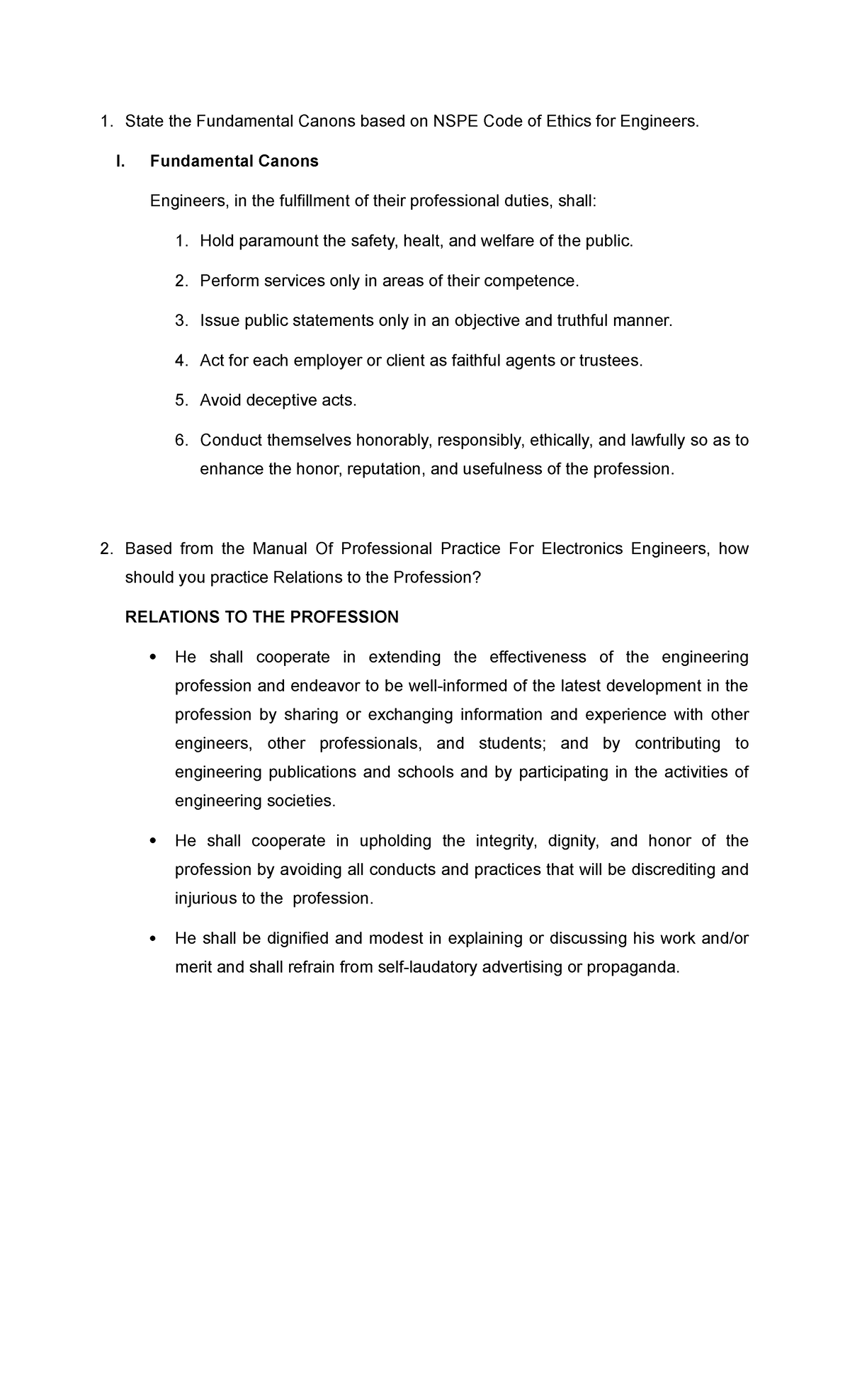 Fundamental Canons based on NSPE Code of Ethics for Engineers - I ...
