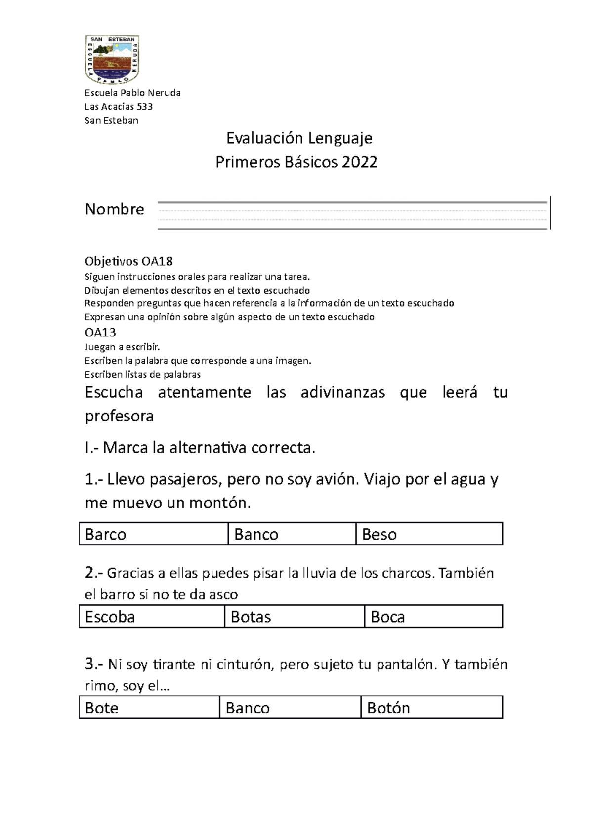 Evaluación Lenguaje con letras en estudios b, h - Las Acacias 533 San ...