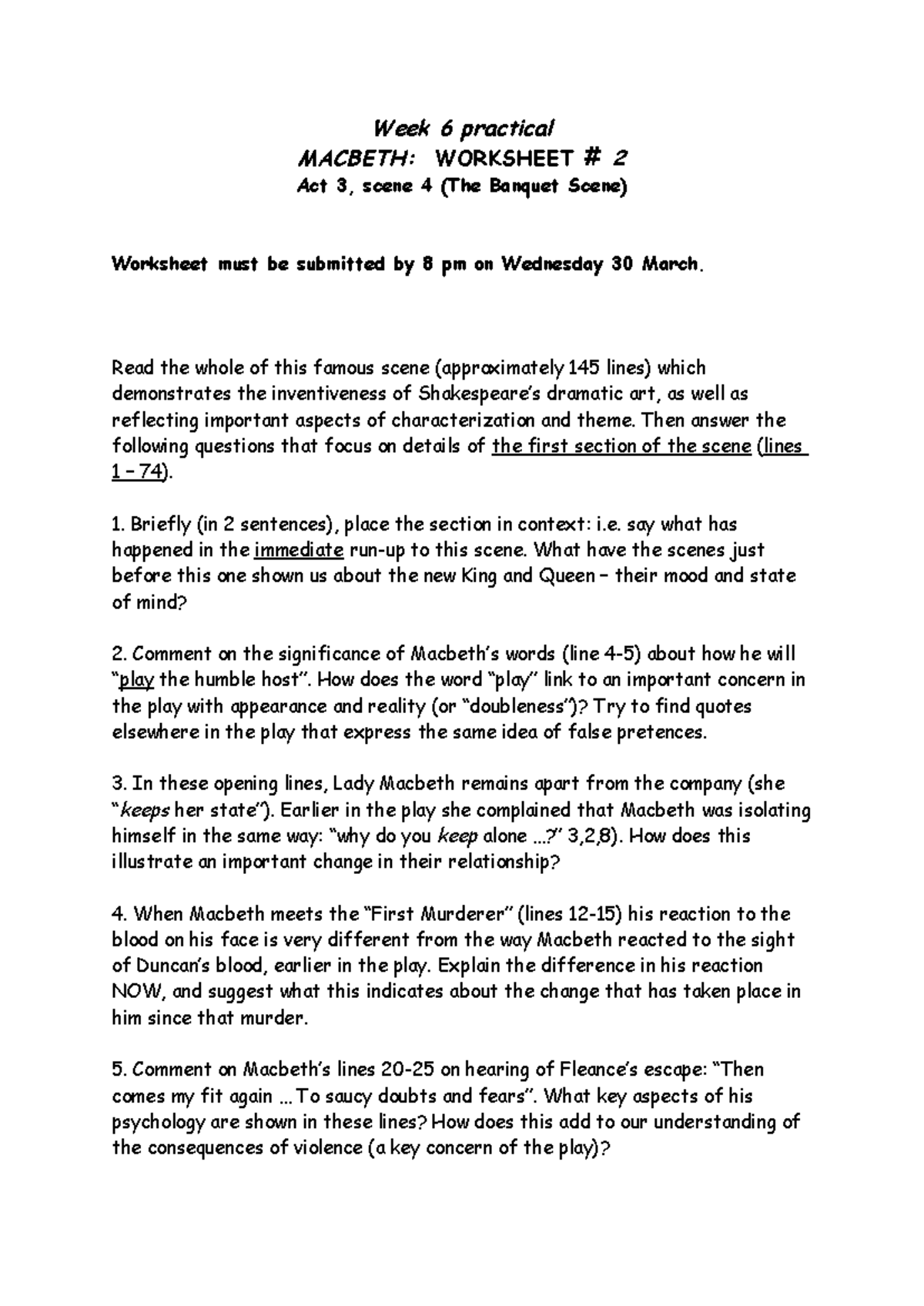 Week 6 Macbeth Worksheet no 2 2022 2 - Week 6 practical MACBETH: WORKSHEET # 2 Act 3, scene 4 ...