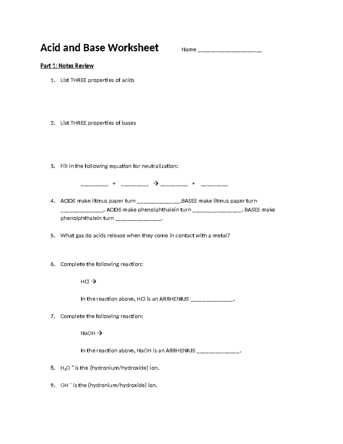 Acid and Base Review Sheet Name - Acid and Base Worksheet Name ...