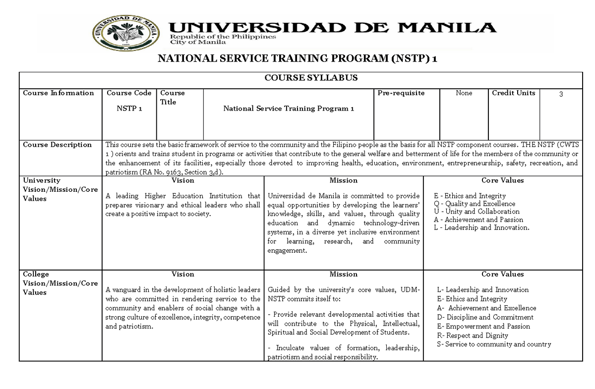 NSTP 1 Syllabus 2024 - none actually - NATIONAL SERVICE TRAINING ...
