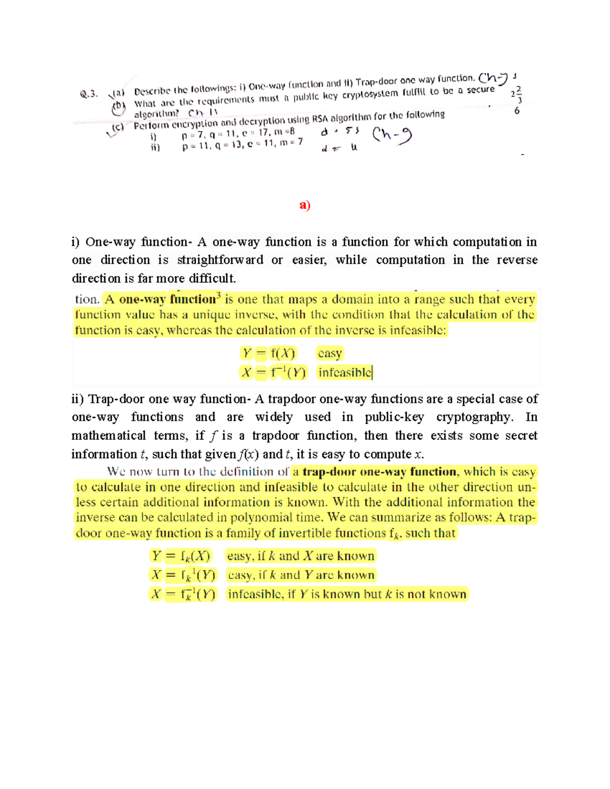 2016 Q3-Q4 - dsgg - a) i) One-way function- A one-way function is a function for which ...
