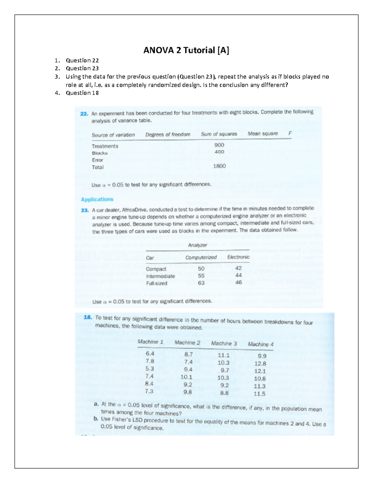 Anova Tut 2 Tutorial 2 Anova 2 Tutorial A Question 22 Question 23 Using The Data For The