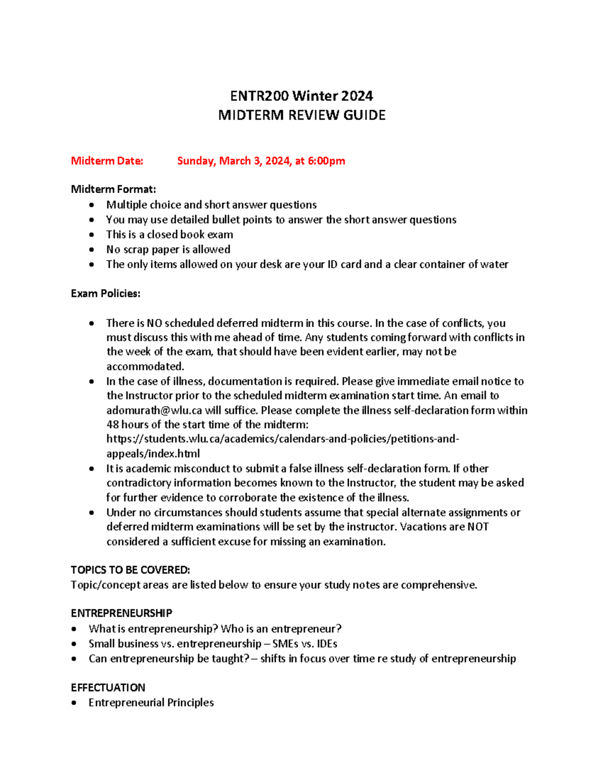 Winter 2024 ENTR200 Midterm Review Guide - ENTR 200 Winter 2024 MIDTERM ...
