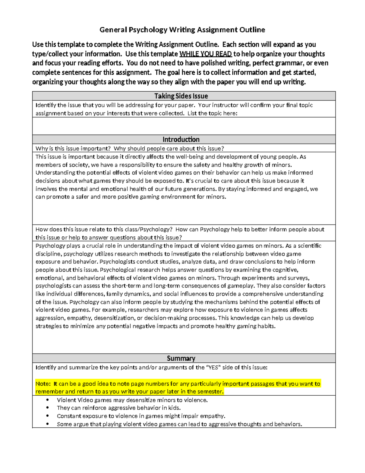 WA - Outline Assignment - General Psychology Writing Assignment Outline ...