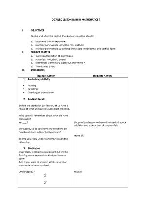 Multiplication of polynomials ( Grade 7 DLP) - DETAILED LESSON PLAN IN ...