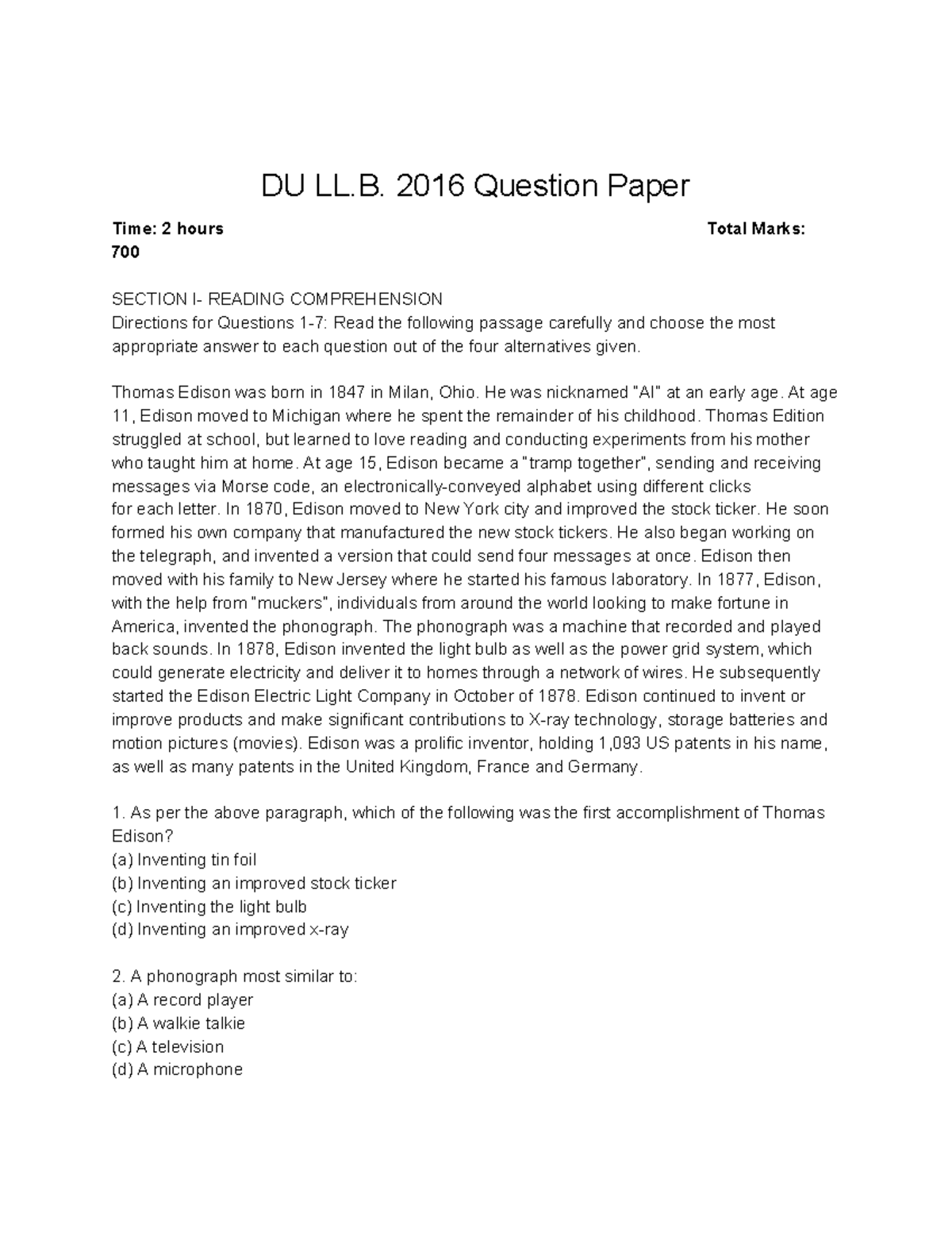 DU LLB Entrance Exam Question Paper 2016 - DU LL. 2016 Question Paper ...