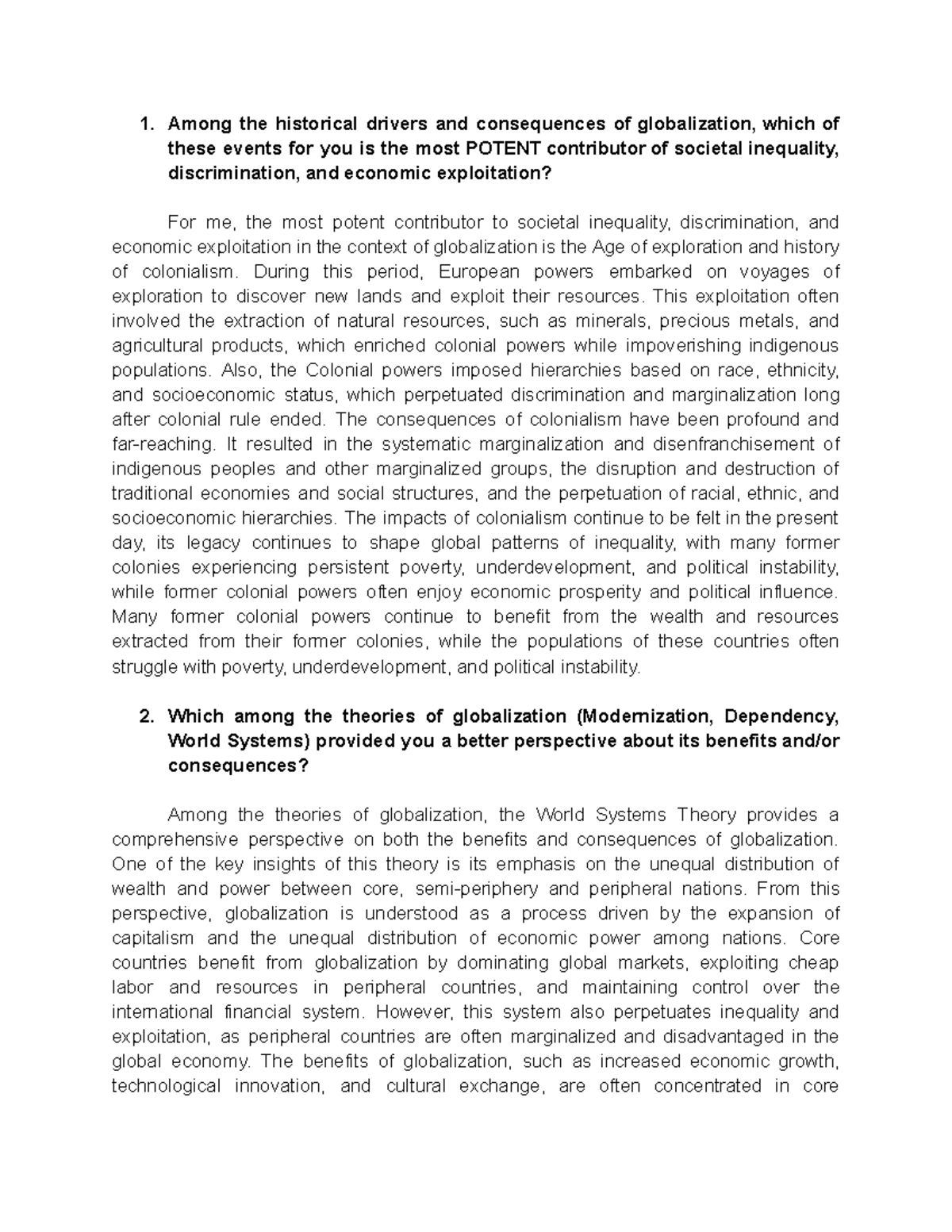 Reflection Essay - Among the historical drivers and consequences of ...