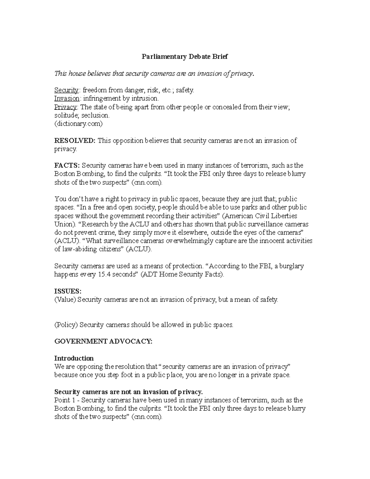 Parliamentary Debate Brief - Security: freedom from danger, risk ...