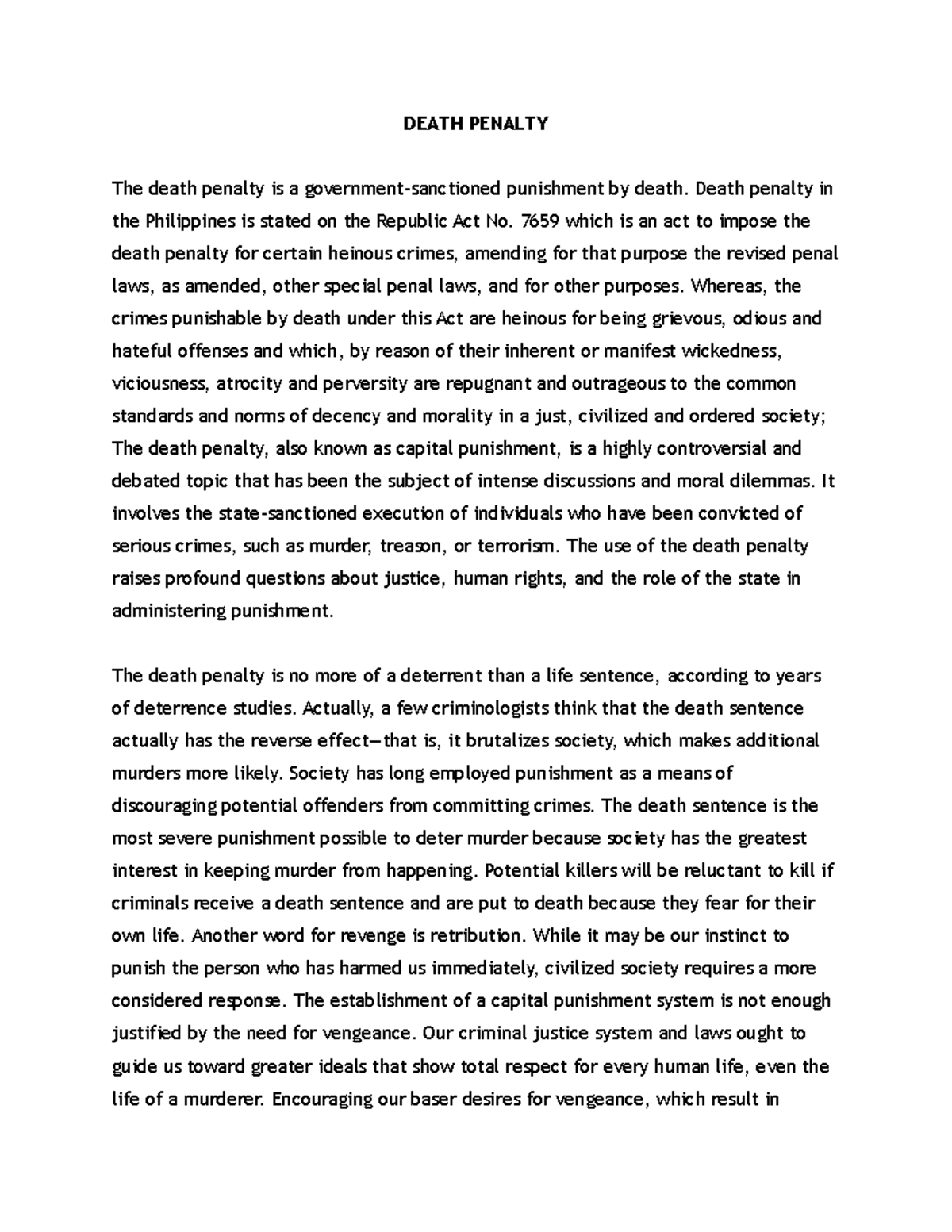 Position Paper - DEATH PENALTY The death penalty is a government ...